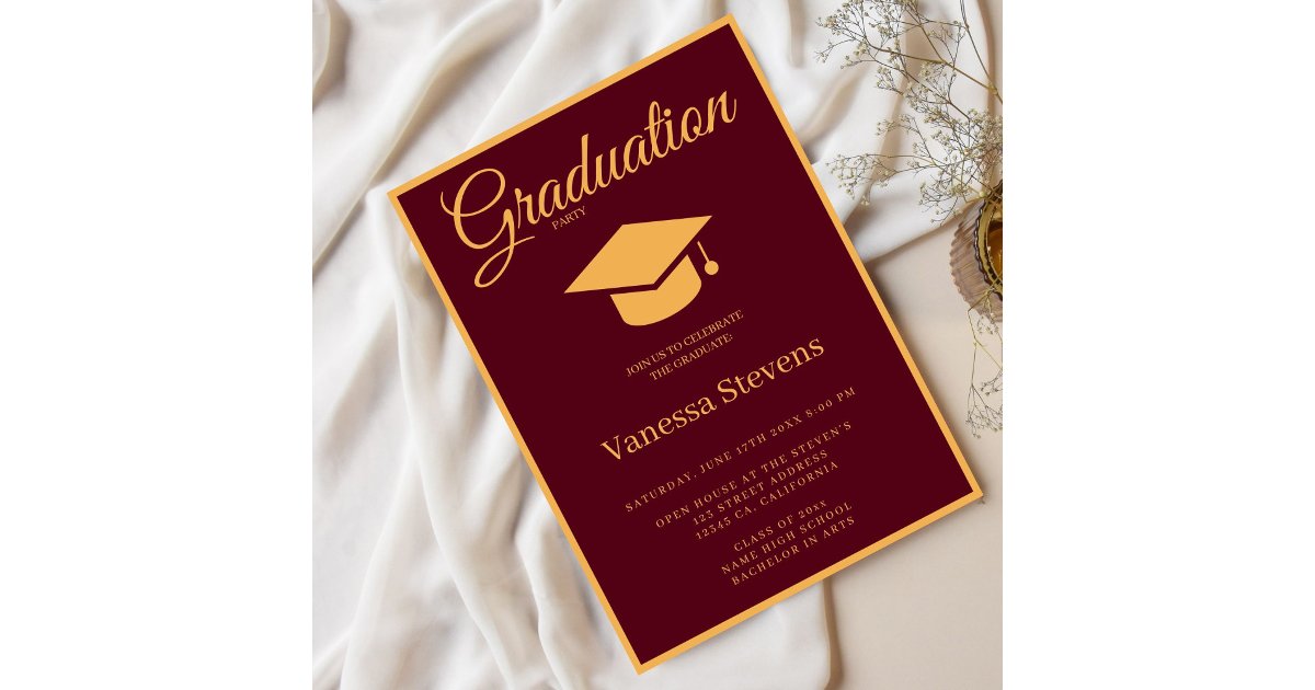 Burgundy Gold College Graduation Cap Party Invitation | Zazzle