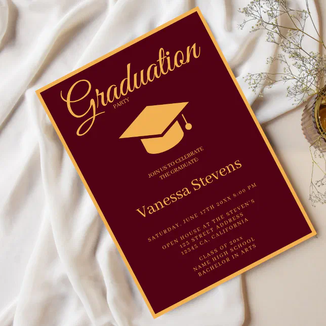 Burgundy Gold College Graduation Cap Party Invitation | Zazzle
