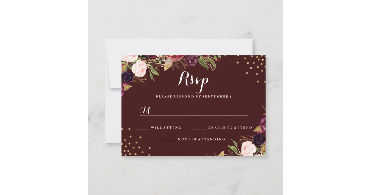 Burgundy Gold Confetti Floral Wedding RSVP Card | Zazzle