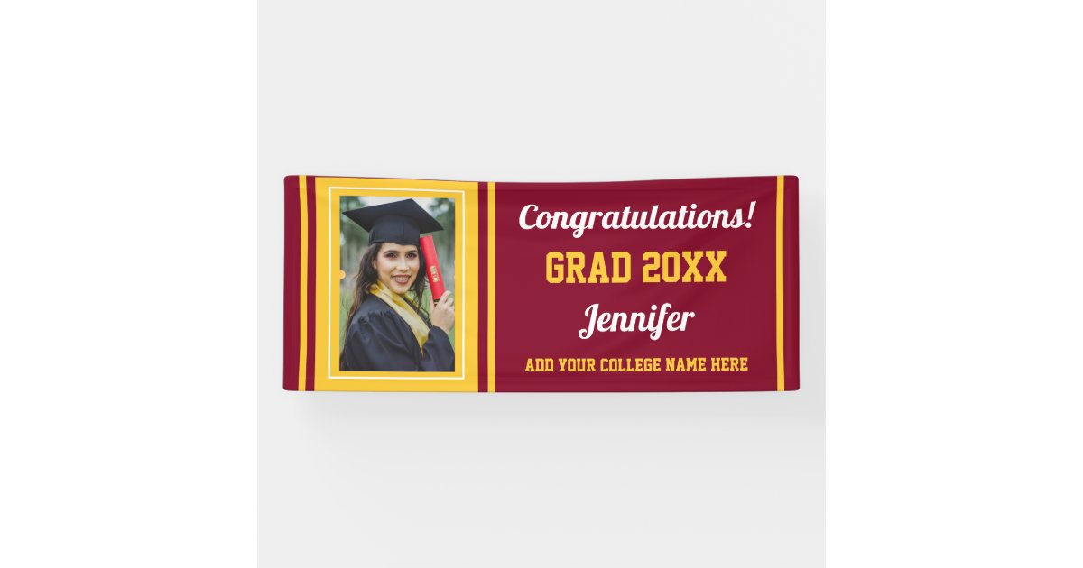 Burgundy Gold Congrats Custom Photo Graduation Banner | Zazzle