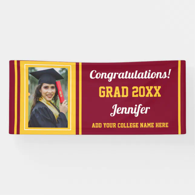 Burgundy Gold Congrats Custom Photo Graduation Banner | Zazzle