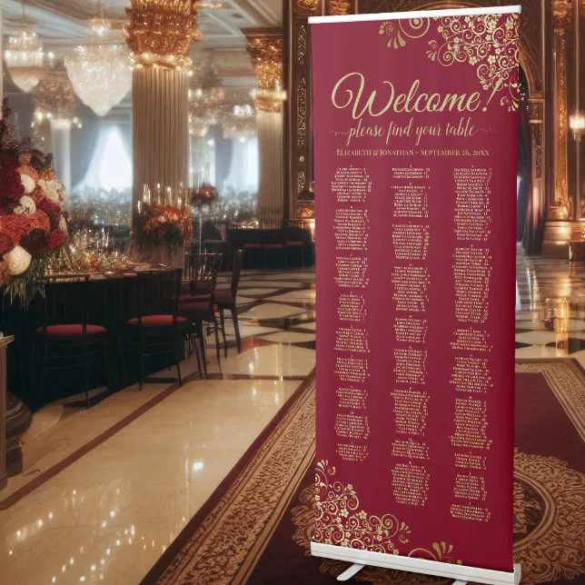 Burgundy & Gold Elegant Alphabetical Seating Chart Retractable Banner ...