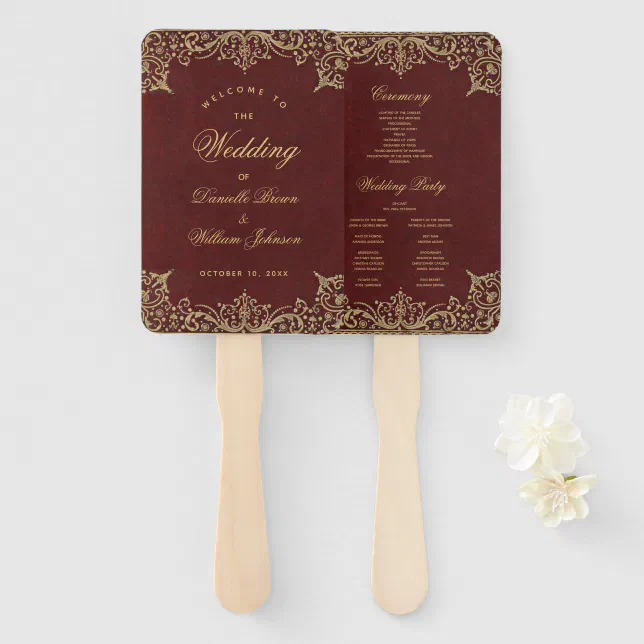 Burgundy Gold Elegant Vintage Wedding Program Hand Fan | Zazzle