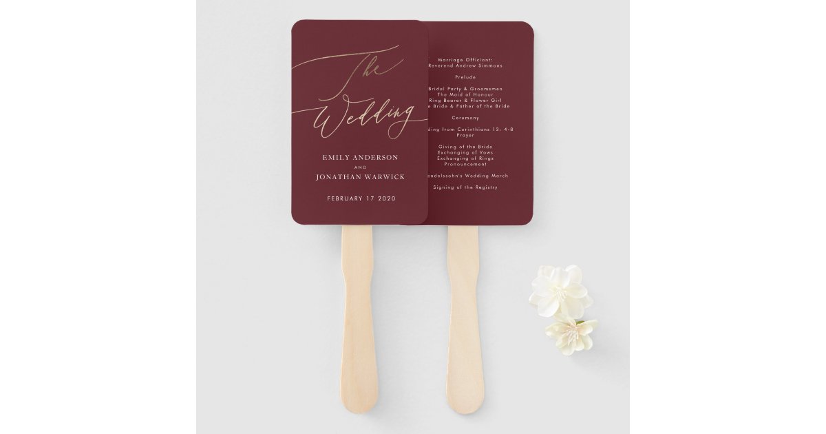 Burgundy & Gold Fall Calligraphy Wedding Hand Fan | Zazzle