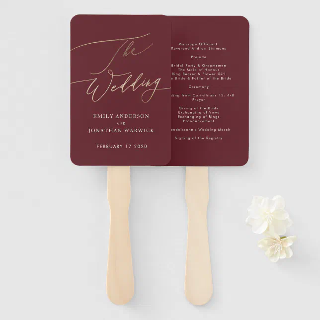Burgundy & Gold Fall Calligraphy Wedding Hand Fan | Zazzle