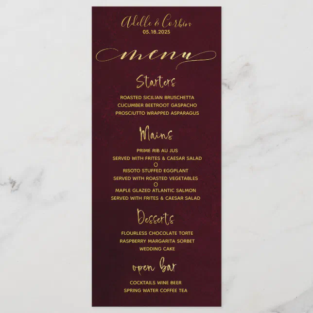 Burgundy & Gold Fancy Cursive Calligraphy Menu | Zazzle
