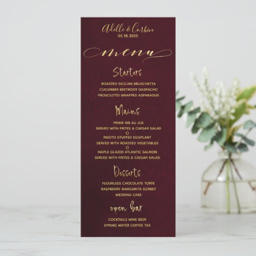 Burgundy & Gold Fancy Cursive Calligraphy Menu | Zazzle