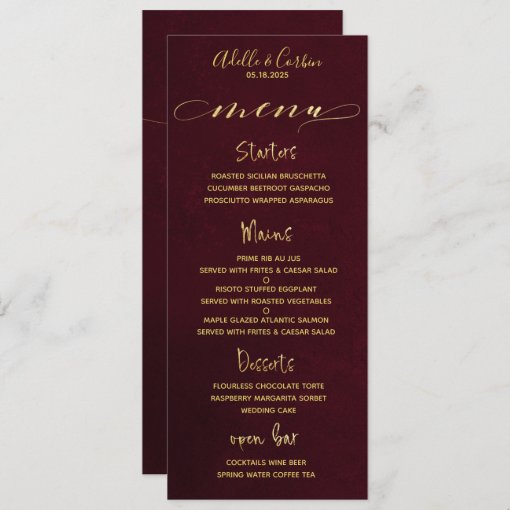 Burgundy & Gold Fancy Cursive Calligraphy Menu | Zazzle