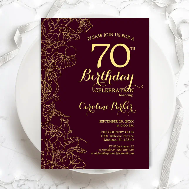 Burgundy Gold Floral 70th Birthday Party Invitation | Zazzle