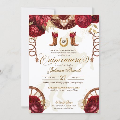 Burgundy & Gold Floral Elegant Charro Quinceañera Invitation | Zazzle
