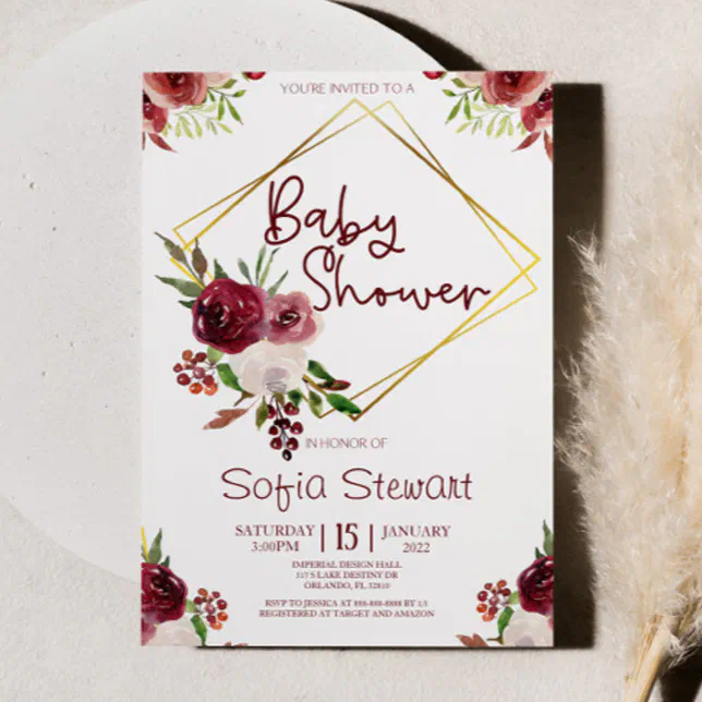 Burgundy Gold Floral Flower Frame Baby Shower Invitation | Zazzle