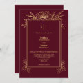 Burgundy Gold Floral Simple Monogram Wedding Invitation | Zazzle