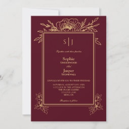 Burgundy Gold Floral Simple Monogram Wedding Invitation | Zazzle