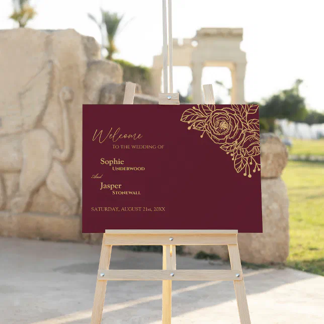 Burgundy Gold Floral Wedding Welcome Sign | Zazzle