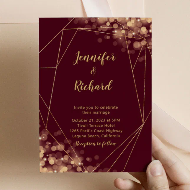 Burgundy & Gold Frame with Bokeh Lights Invitation | Zazzle
