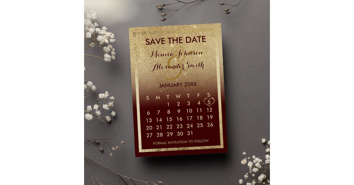 Burgundy Gold Glitter Calendar Save the Date Announcement Postcard | Zazzle