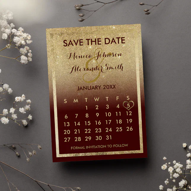 Burgundy Gold Glitter Calendar Save the Date Announcement Postcard | Zazzle