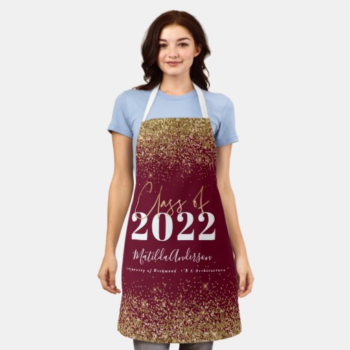 Burgundy gold glitter class of graduation modern apron | Zazzle