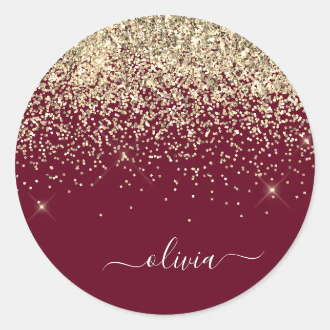 Burgundy Gold Glitter Girly Monogram Glam Classic Round Sticker | Zazzle