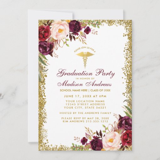 Burgundy Gold Glitter Medical Grad Party Invite | Zazzle