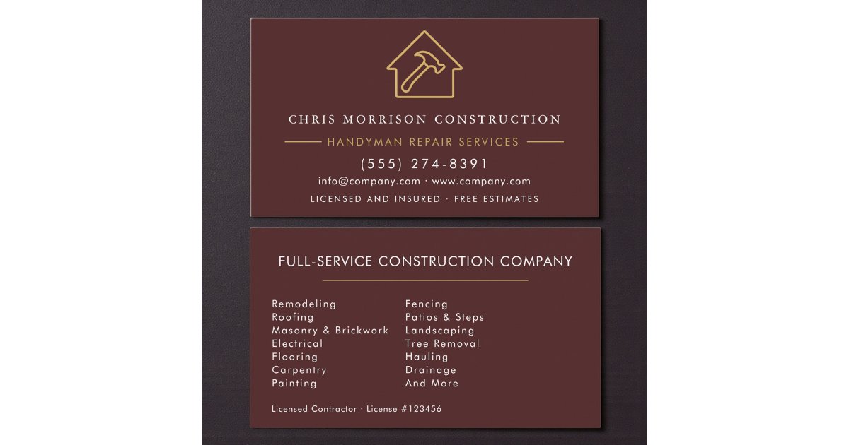 Burgundy Gold Handyman Construction Business Card | Zazzle