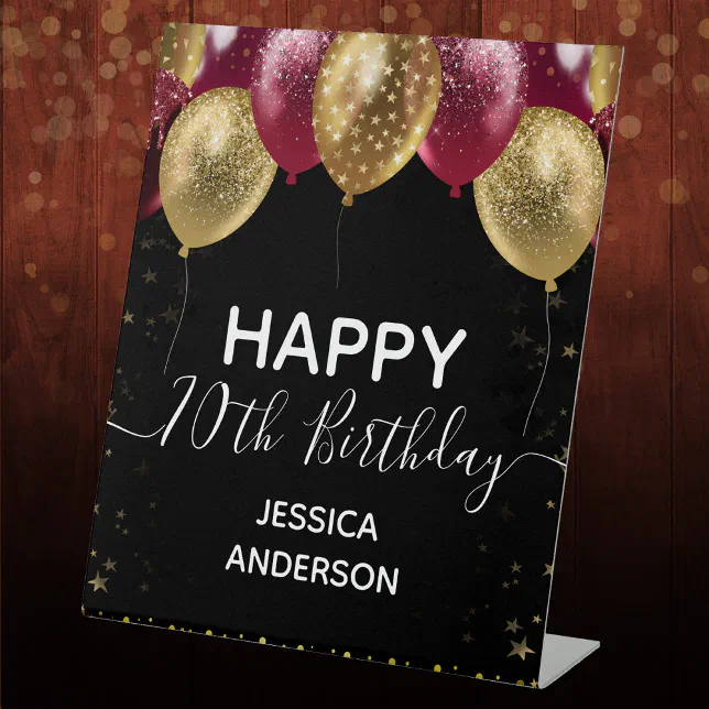 Burgundy Gold Happy 70th Birthday Pedestal Sign | Zazzle