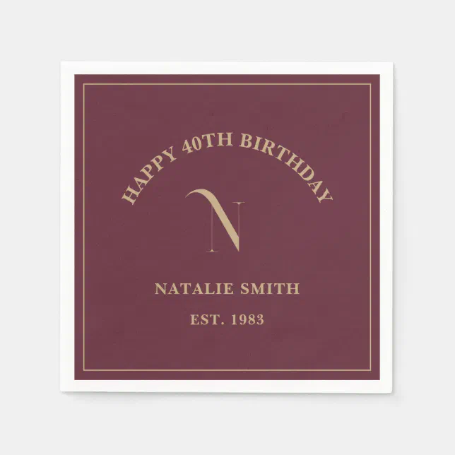 Burgundy Gold Happy Birthday Monogram Initial Napkins | Zazzle