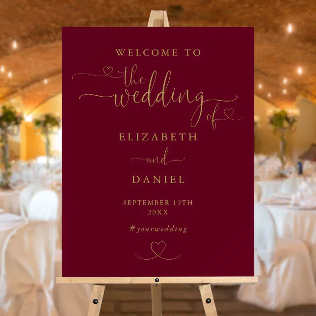 Burgundy Gold Heart Script Wedding Welcome Sign | Zazzle