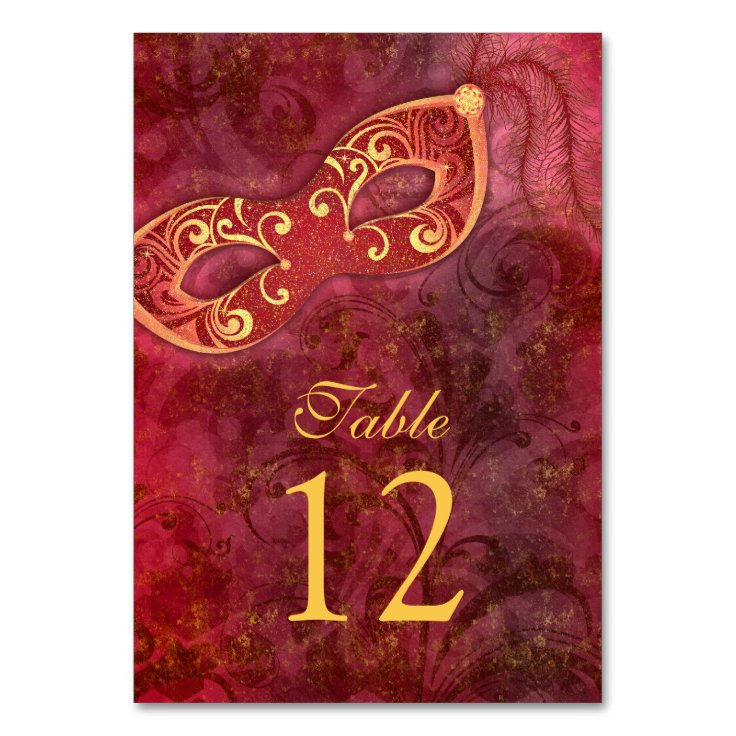 Burgundy Gold Masquerade Ball Mardi Gras Wedding Table Number | Zazzle