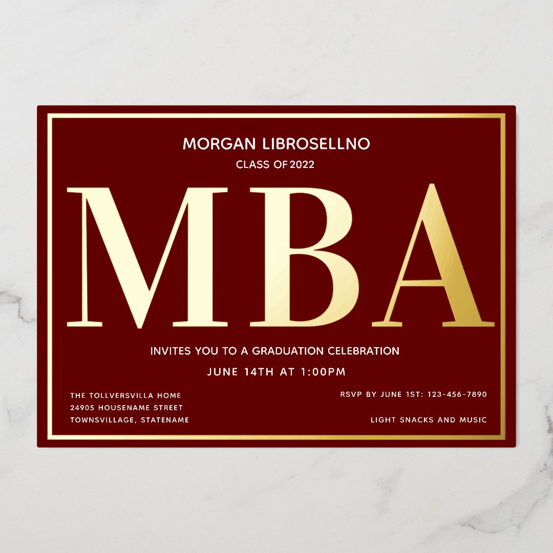 Burgundy Gold MBA Graduation Foil Invitation | Zazzle