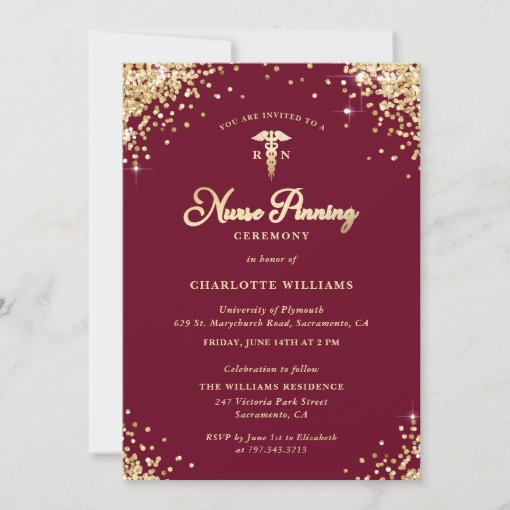 Burgundy Gold Nurse Pinning Ceremony Photo Invitation | Zazzle