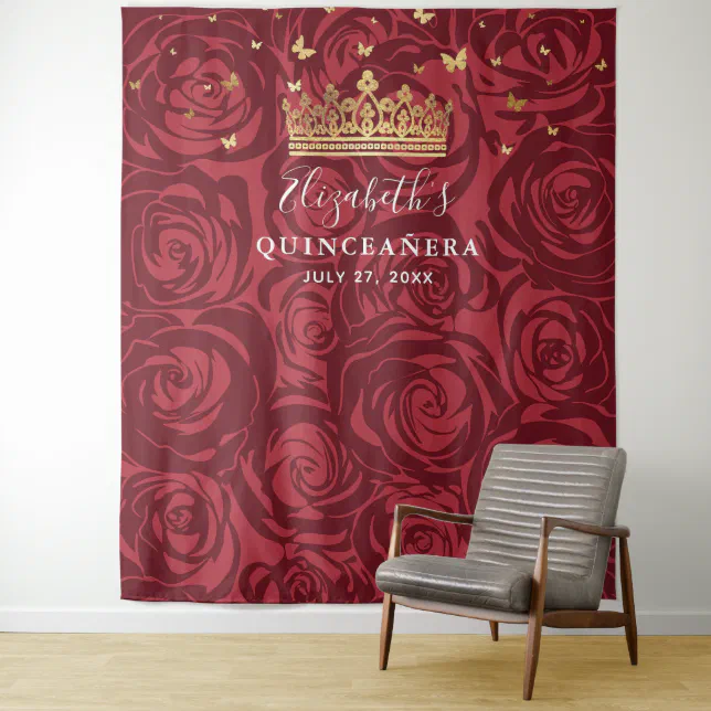 Burgundy Gold Rose Party Photo Backdrop Tapestries | Zazzle