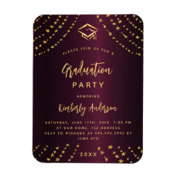 Burgundy gold stars graduation party invitation magnet | Zazzle