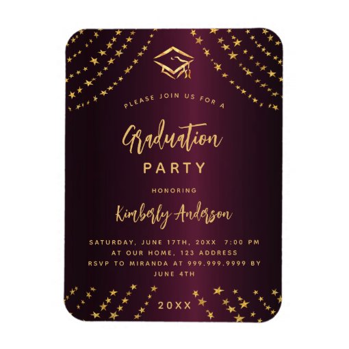 Burgundy gold stars graduation party invitation magnet | Zazzle