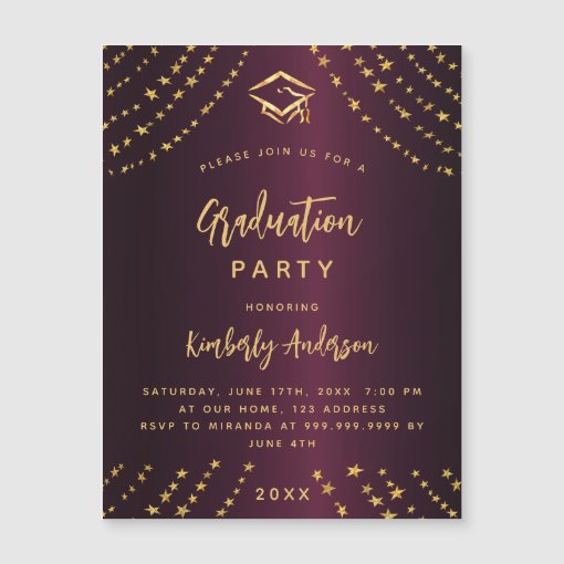 Burgundy gold stars graduation party modern luxury magnetic invitation ...