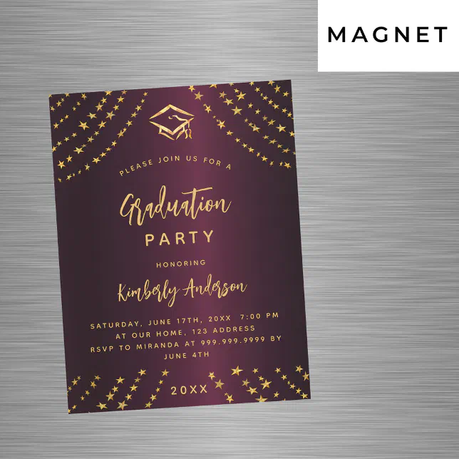 Burgundy gold stars graduation party modern luxury magnetic invitation ...