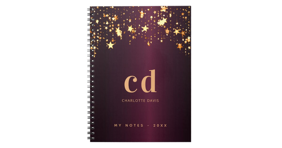 Burgundy gold stars monogram initials notebook | Zazzle