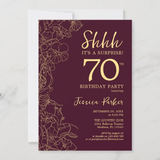 Burgundy Gold Surprise 70th Birthday Invitation | Zazzle