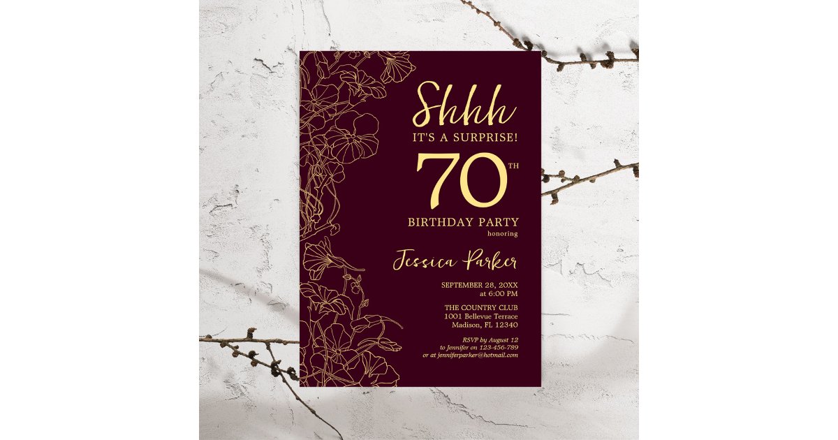 Burgundy Gold Surprise 70th Birthday Invitation | Zazzle