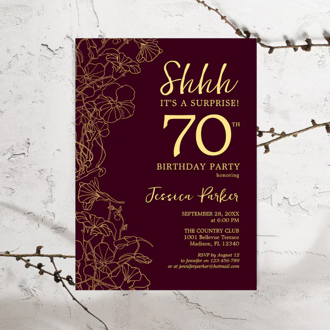 Burgundy Gold Surprise 70th Birthday Invitation | Zazzle