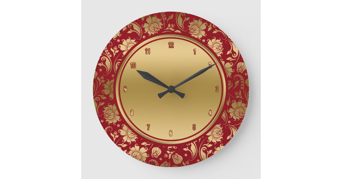 Burgundy & Gold Vintage Damasks Pattern Large Clock | Zazzle