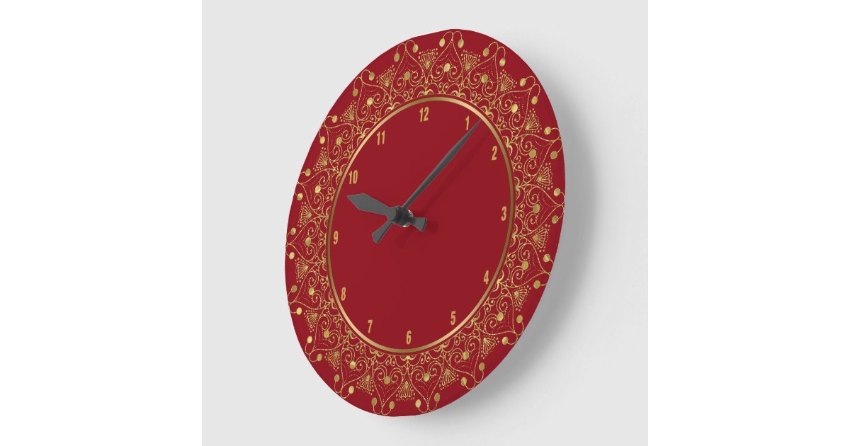 Burgundy & Gold Vintage Floral Mandala Large Clock | Zazzle