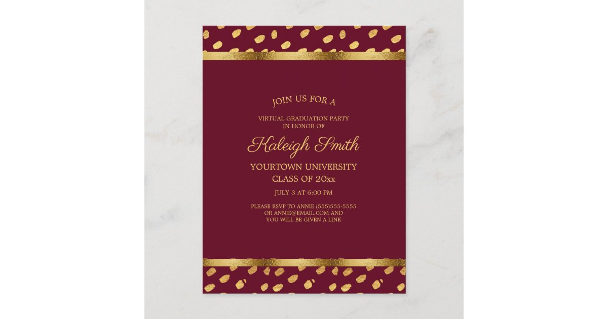 Burgundy Gold Virtual Quarantine Graduation Party Postcard | Zazzle