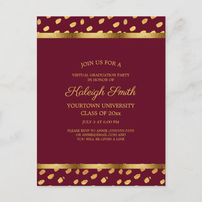 Burgundy Gold Virtual Quarantine Graduation Party Postcard | Zazzle