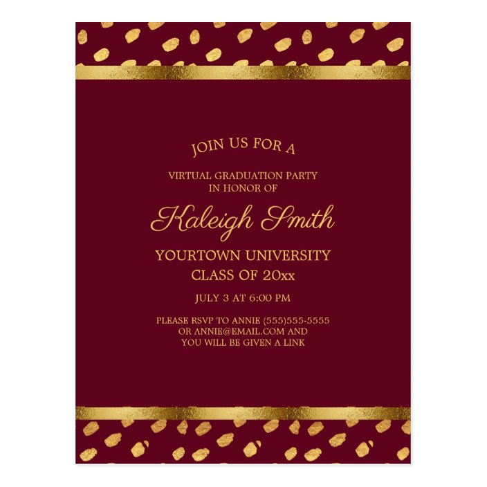 Burgundy Gold Virtual Quarantine Graduation Party Postcard | Zazzle.com