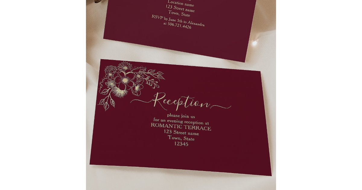Burgundy Gold Wedding Reception Info Card | Zazzle