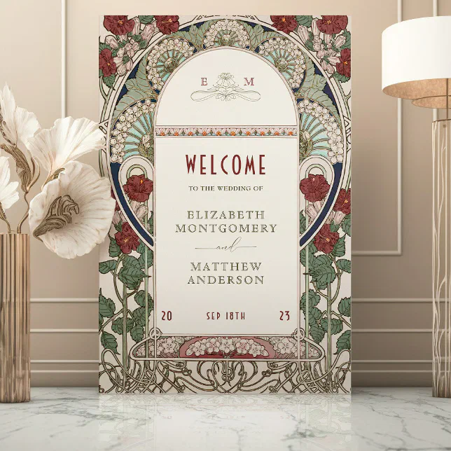 Burgundy Gold Welcome Sign Wedding Art Nouveau | Zazzle