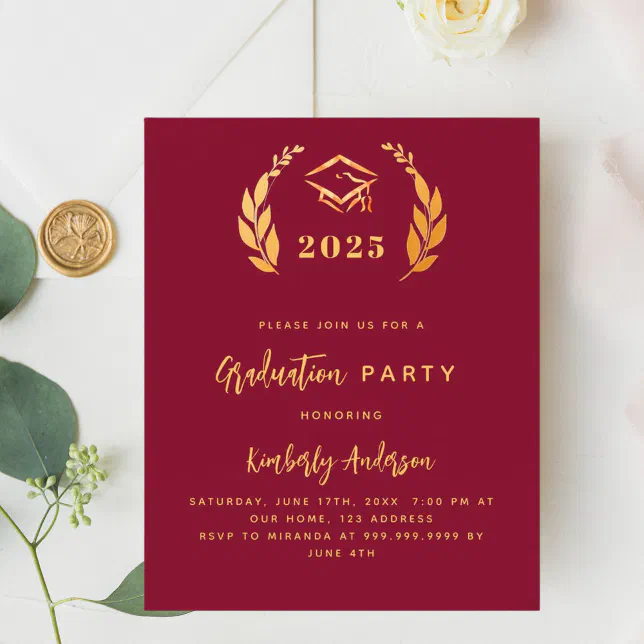 Burgundy gold wreath Graduation Party invitation | Zazzle