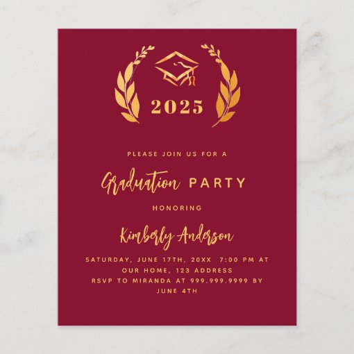 Burgundy gold wreath Graduation Party invitation | Zazzle