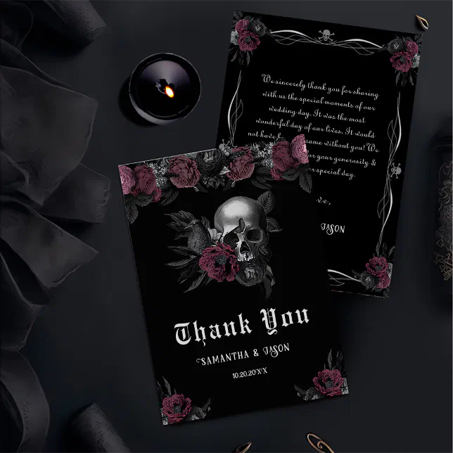 Burgundy Gothic Floral Skull Halloween Wedding Thank You Card | Zazzle